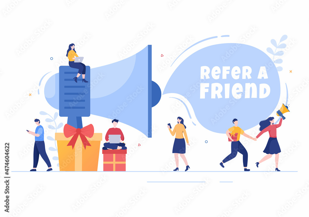 Refer a Friend Flat Design Illustration with Megaphone on Screen Mobile ...