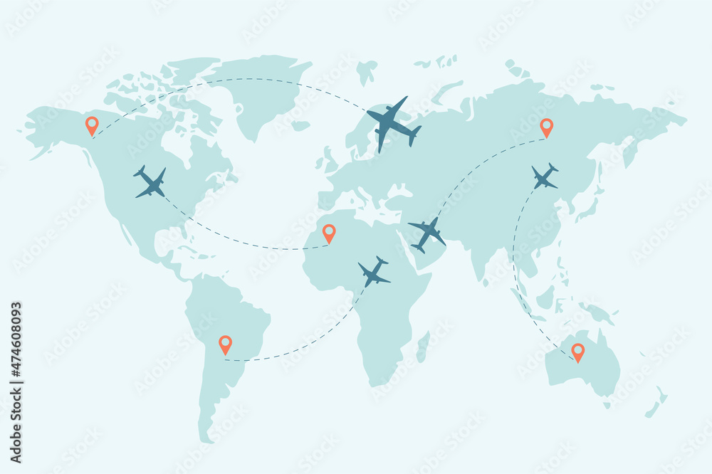 World Map Whit Dashed Trace Line And Airplanes Flying Travel Concept