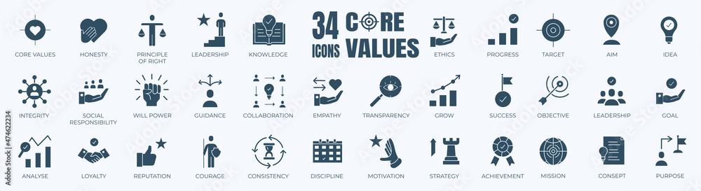 Core Values solid icon set. Vector graphic glyph style pictogram ...