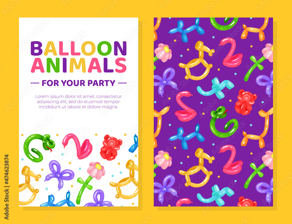 Balloon animals invitation card, flyer template with twisted bright ...