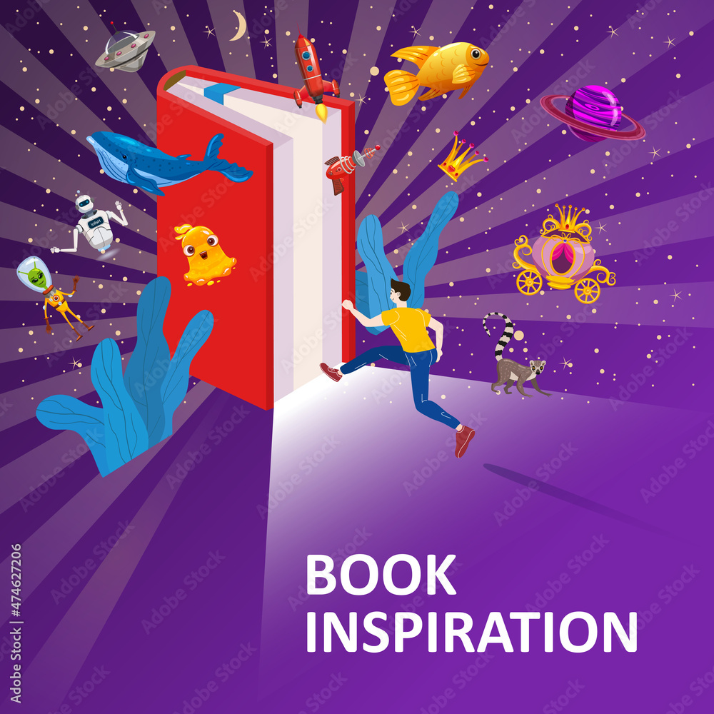 Open Book Imagination with run boy, concept background. Inspiration ...