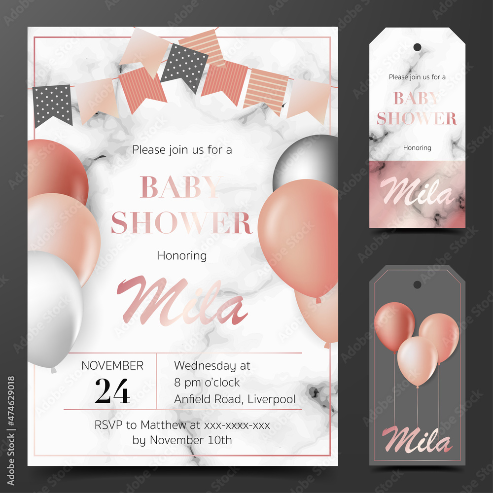 Luxury baby shower theme invitation design card, Rose gold balloons and ...