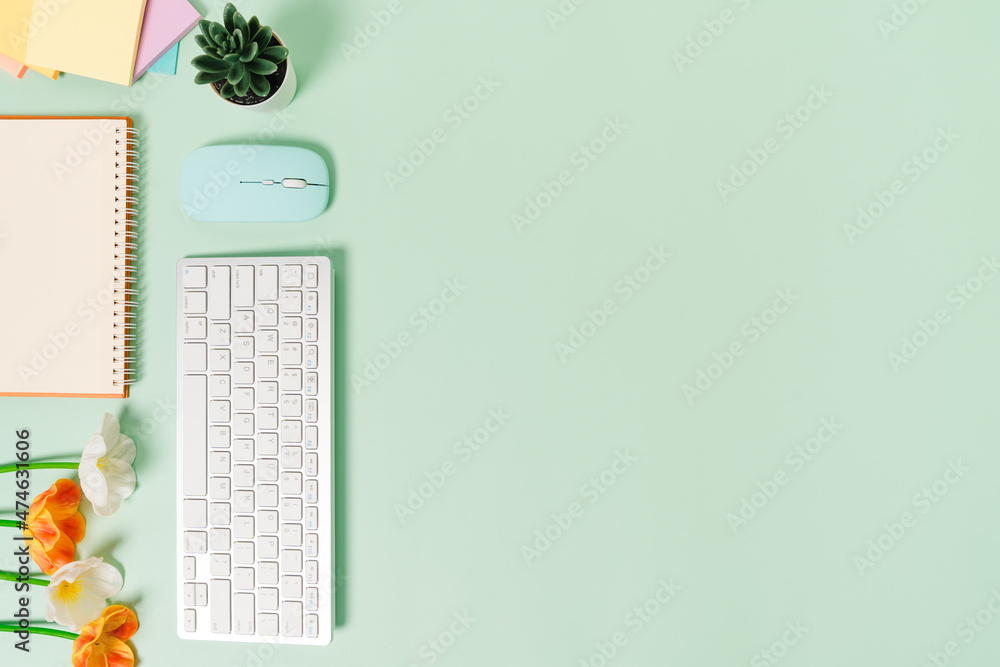 Creative flat lay photo of workspace desk. Top view office desk with ...