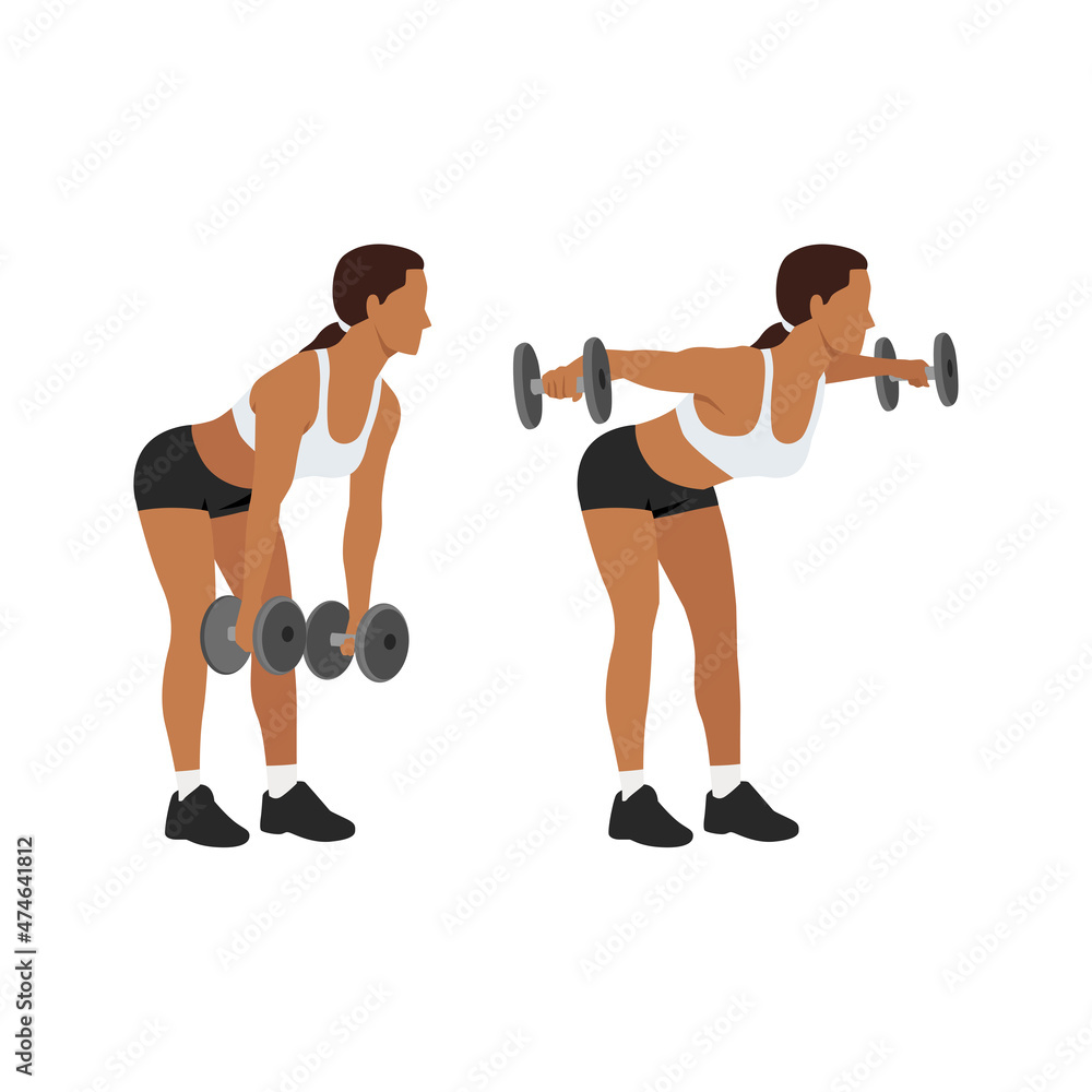 Woman doing Dumbbell bent over lateral rear delt raises. Flyes exercise ...