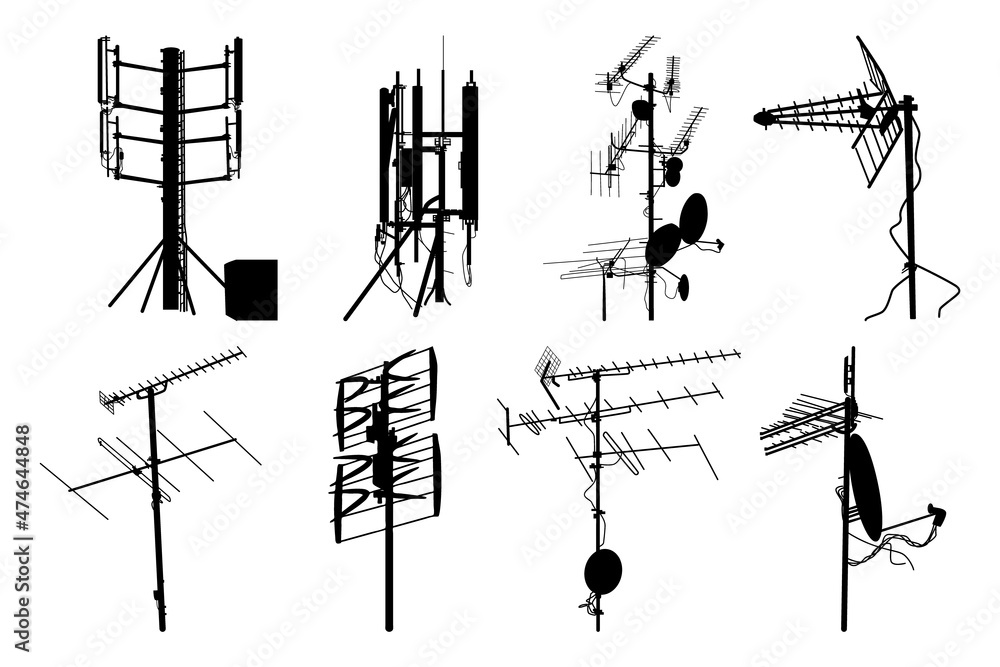 Television antenna icons set isolated on white background. Silhouettes ...