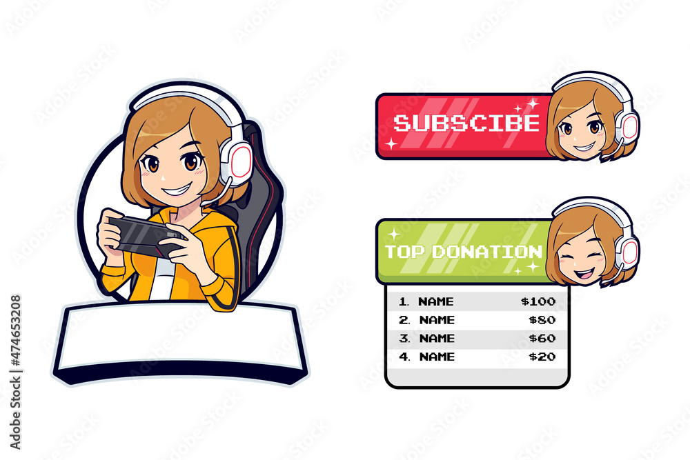 Cute gamer girl mascot logo set for streamer or esport gaming Stock ...