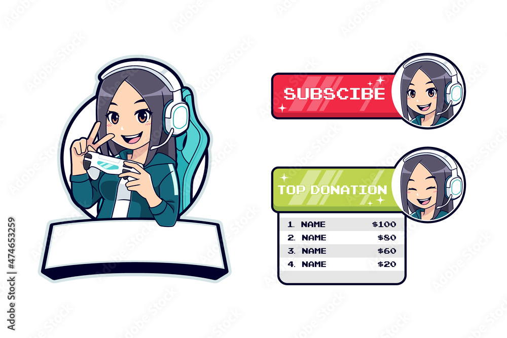 Cute gamer girl logo set with blank banner template Stock Vector ...