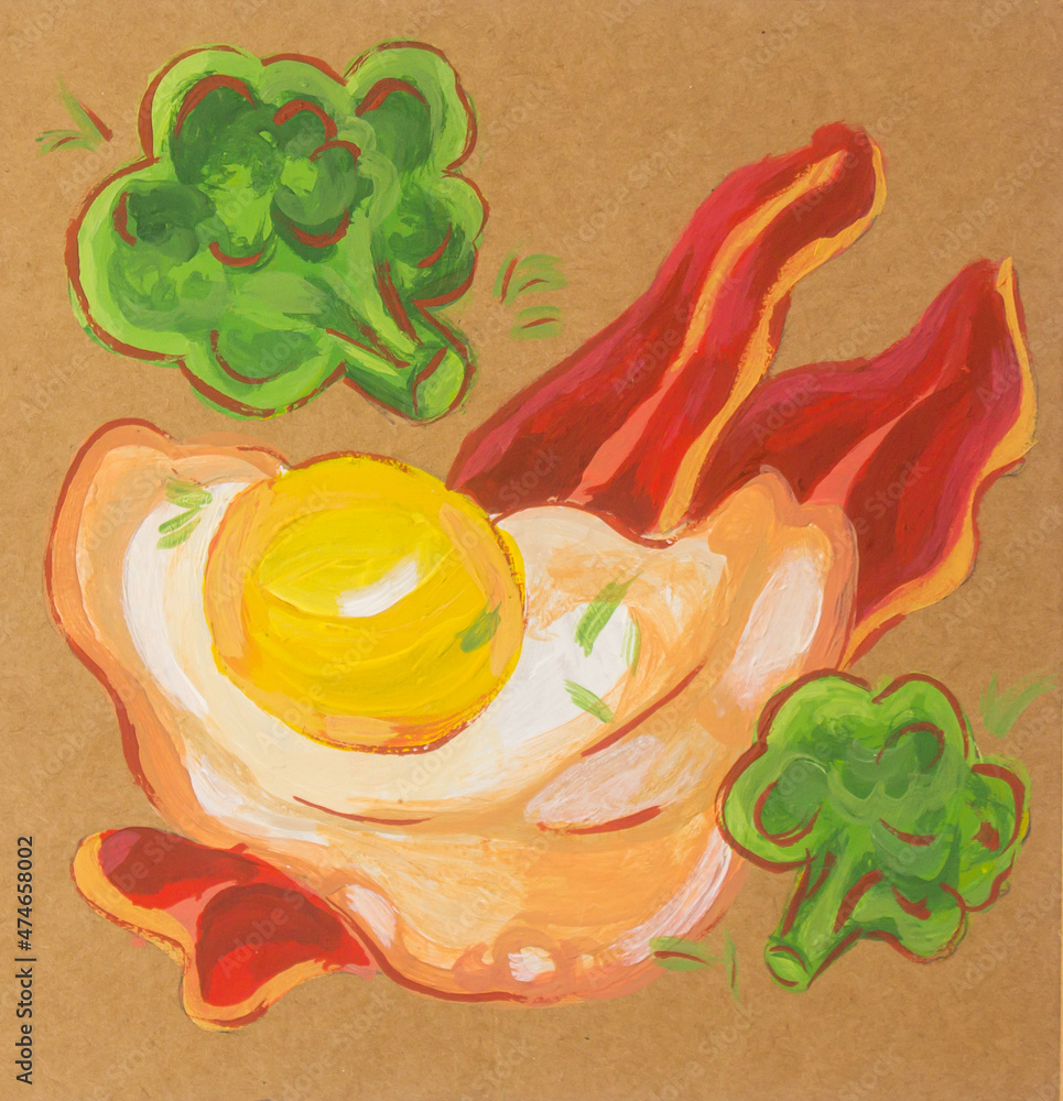 Breakfasr with egg, brokolli and ham drawing illustration on craft ...