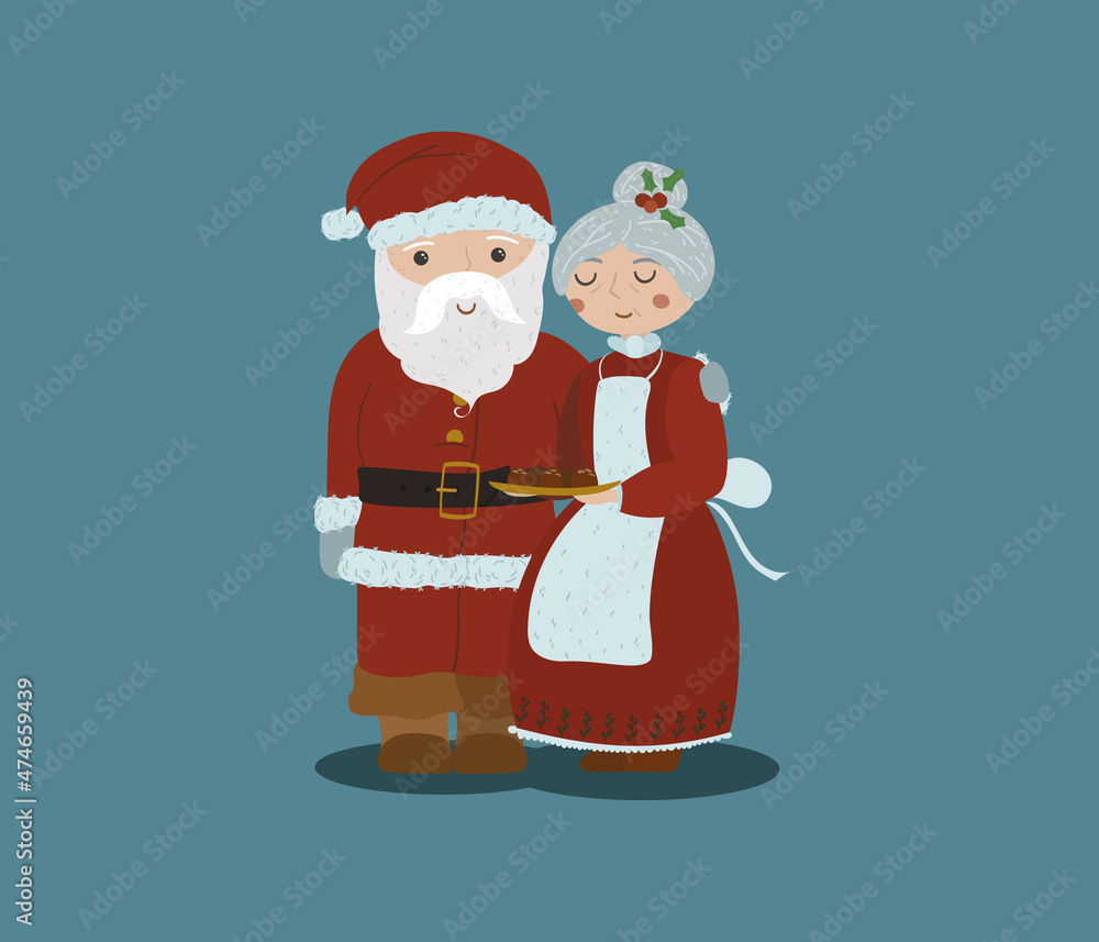 Funny Santa Claus with cute Mrs. Mrs. Claus Together. Vector cartoon ...