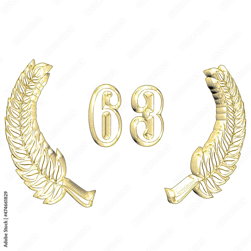 Zahl 63 mit Lorbeerkranz, Ehrenkranz, Siegerkranz als 3D-Illustration ...