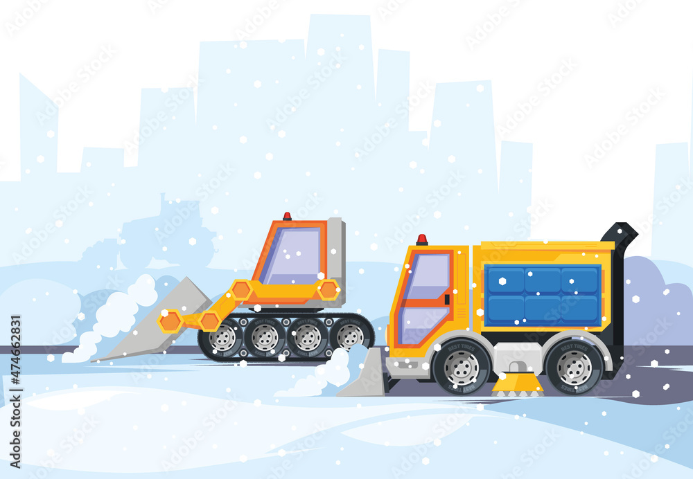 Snow cleaning city. Plowed snow blizzard urban services special vehicle ...