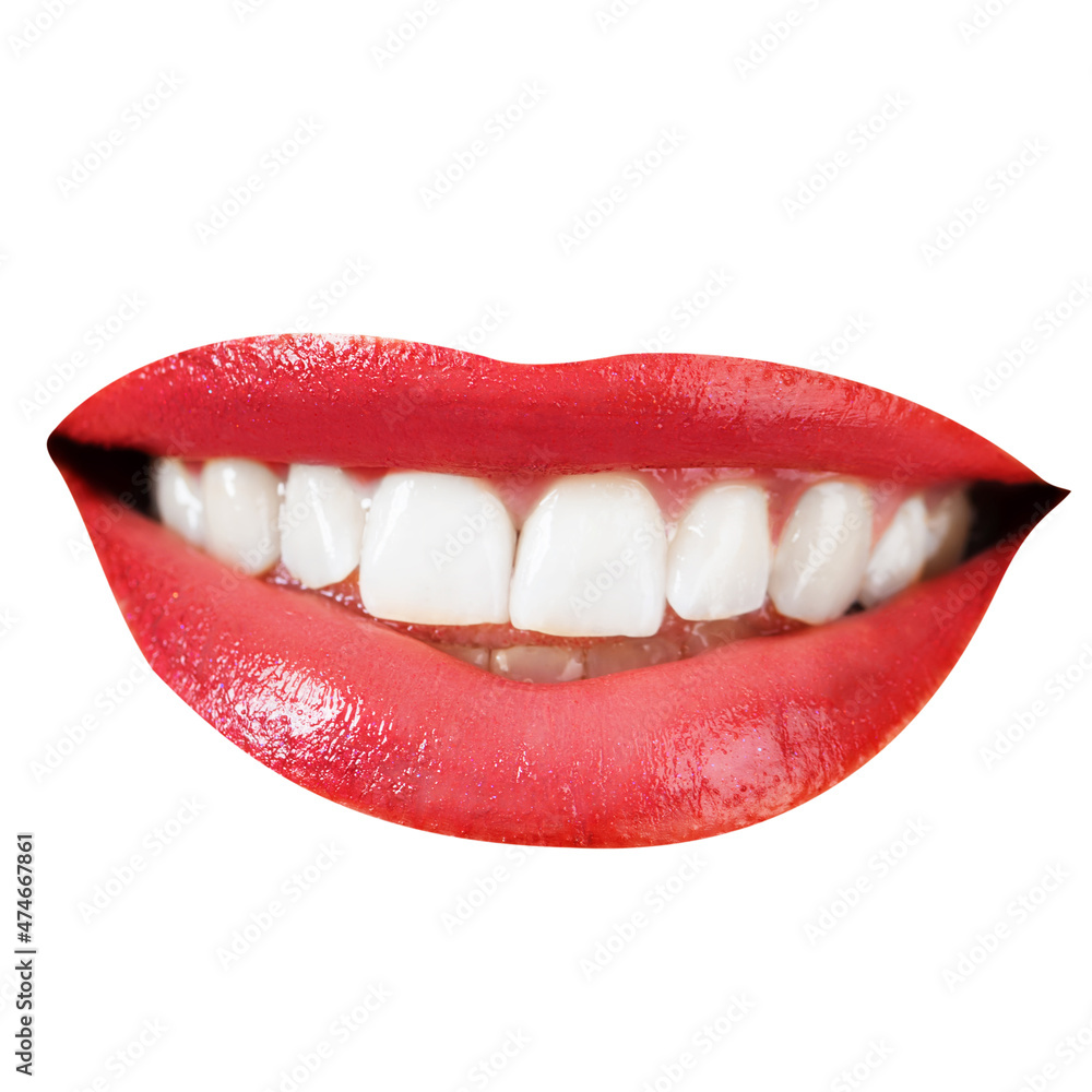 Cut out woman lips with red lipstick and visible white teeth and tongue ...