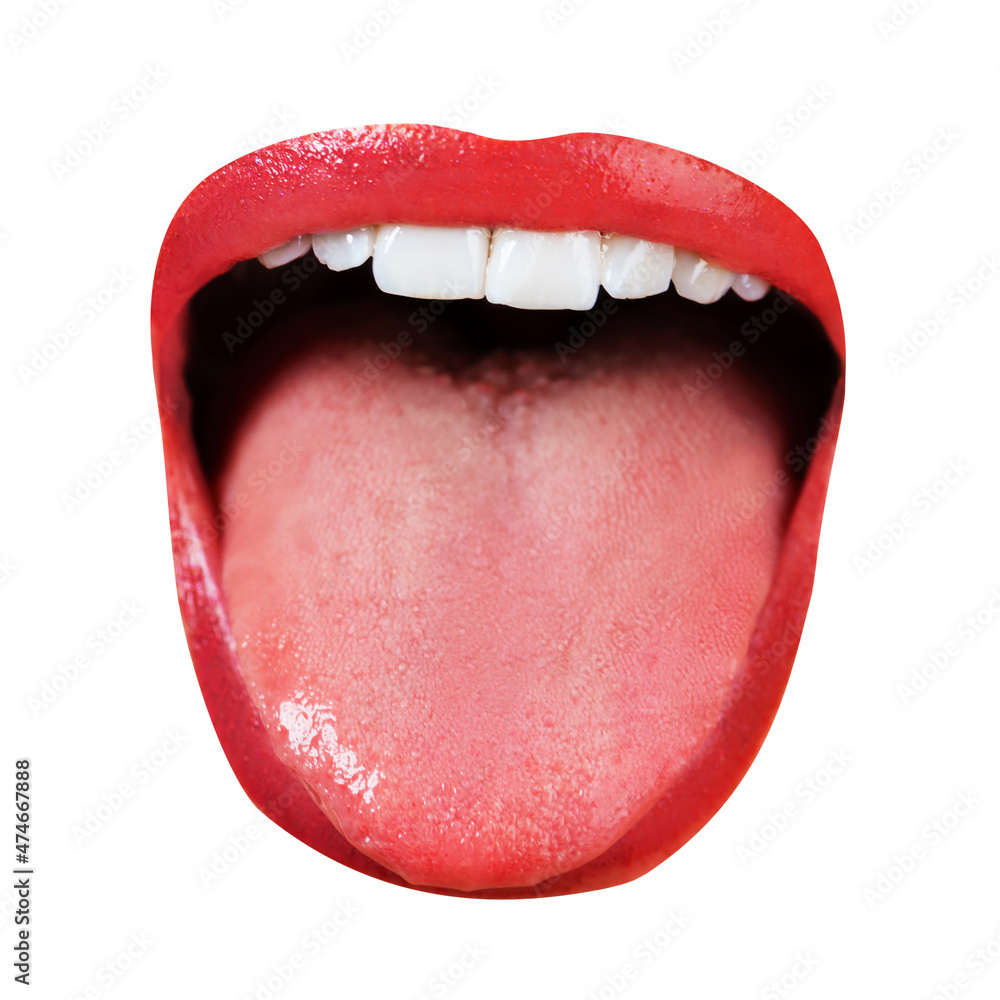 Cut out woman lips with red lipstick and visible white teeth showing ...