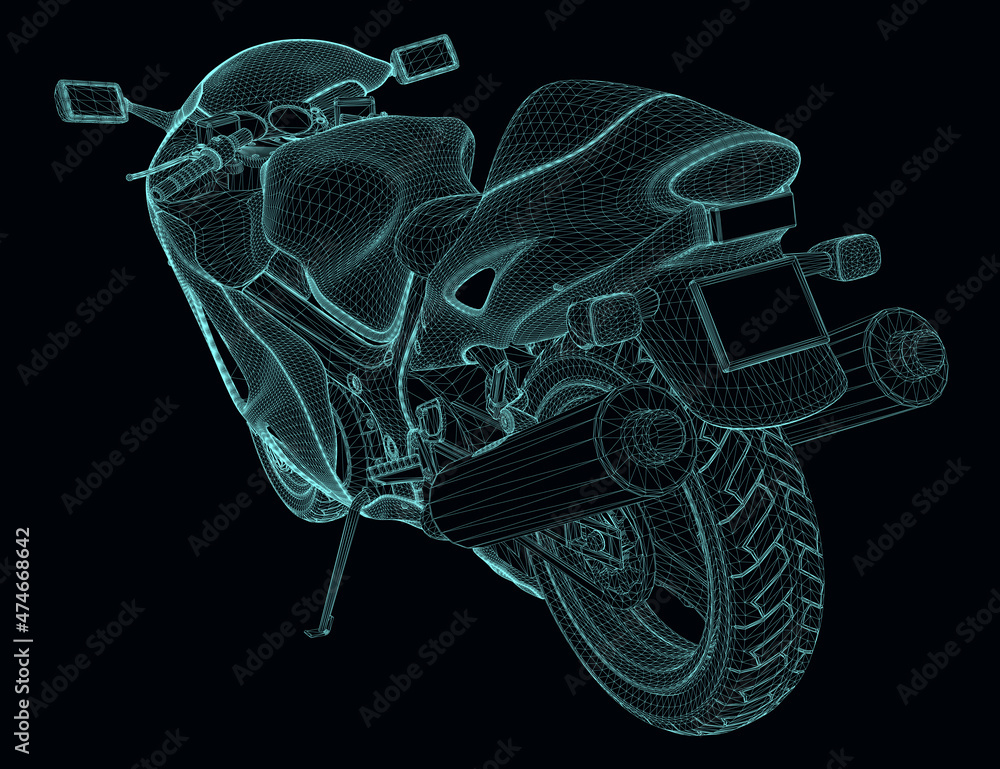 Wireframe of a sports motorcycle from blue lines isolated on a dark ...