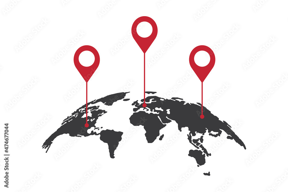 curved world map with red pins. concept of trip around the world ...