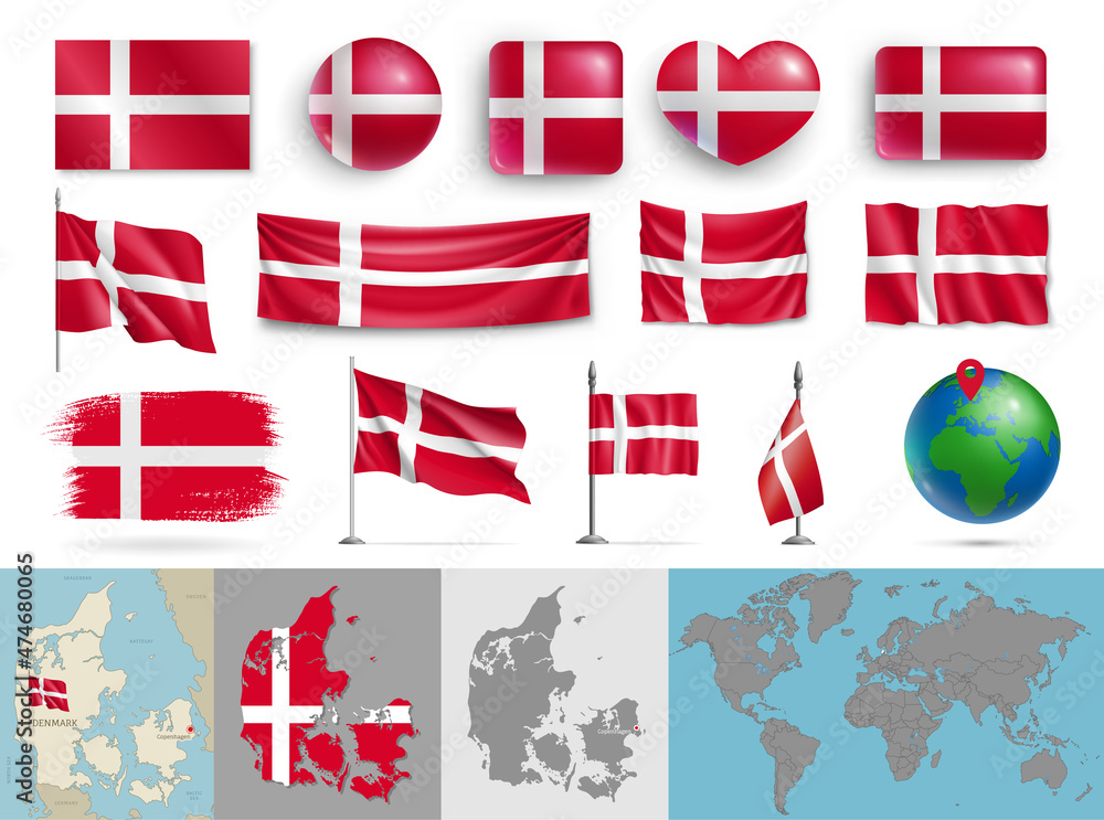 Denmark flags of various shapes and country map set. Realistic Danish ...