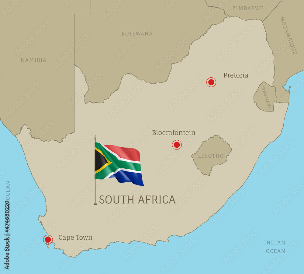 Highly detailed map South Africa with national flag. Editable South ...
