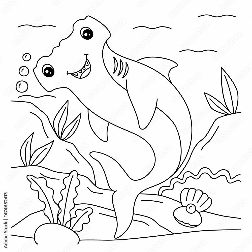 Hammerhead Shark Coloring Page for Kids Stock Vector | Adobe Stock