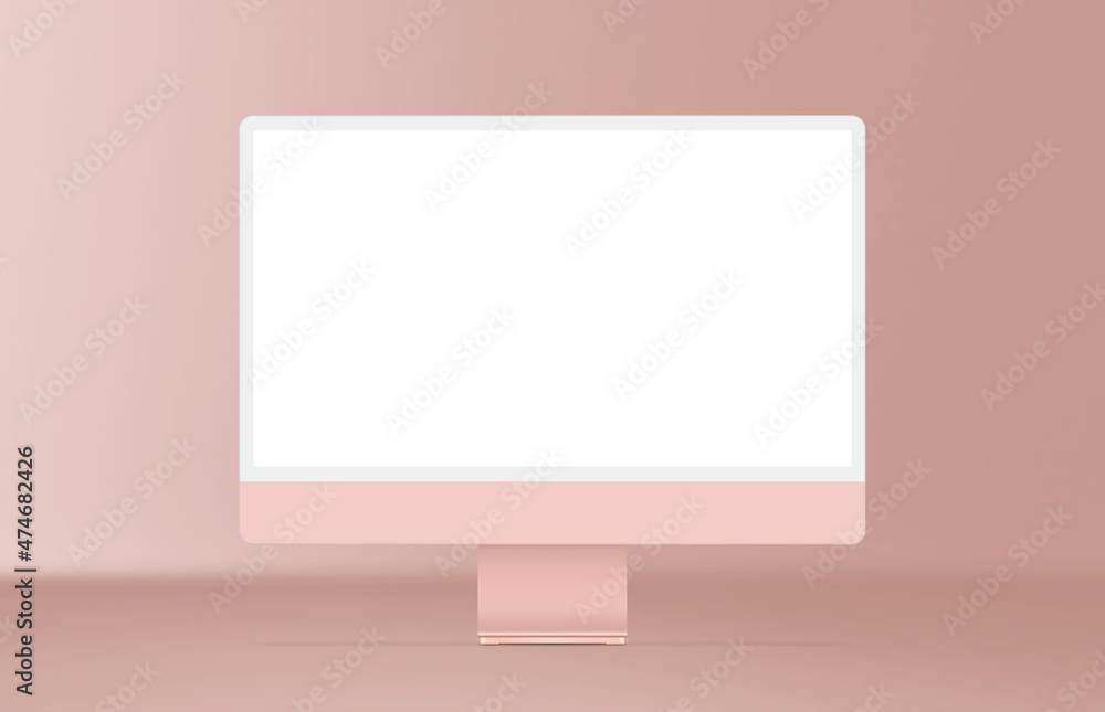 New rose desktop computer display on rose background. Modern blank flat ...