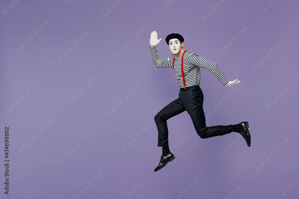 Full size body length side view profile young mime man with white face ...