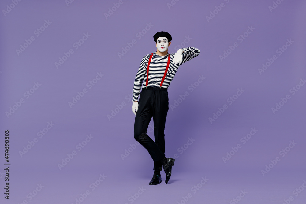 Full size body length confident young mime man with white face mask ...