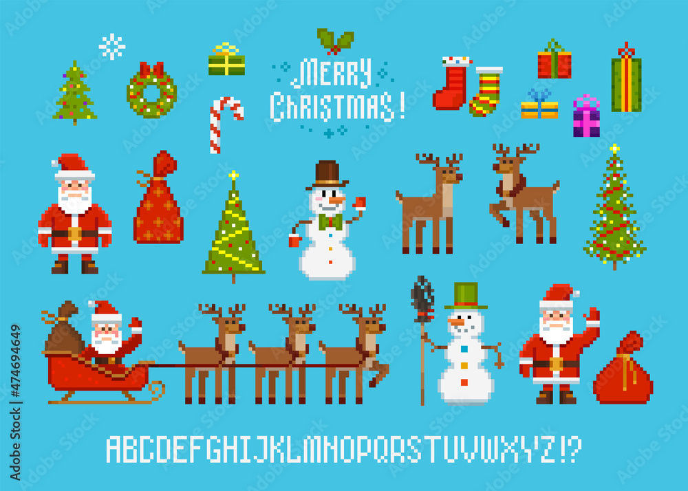 Pixel Art Christmas icons set with Santa, deers, snowman, christmas ...