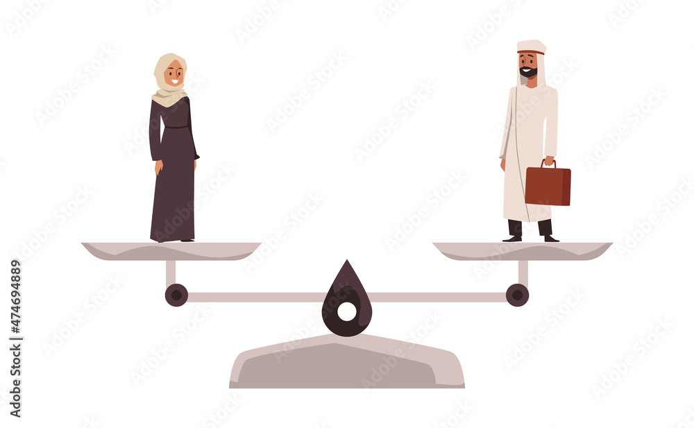 Muslim female wearing hijab and abaya balance on the scale in ...