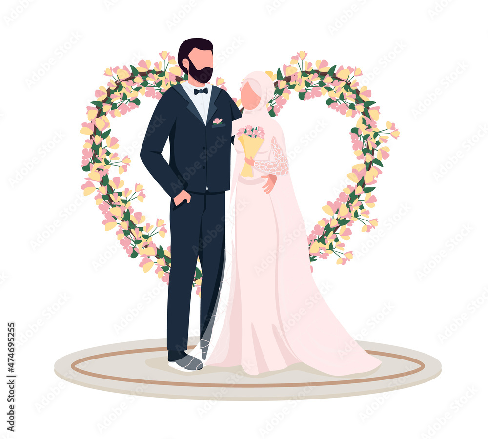 Married couple at heart flower gate semi flat color vector characters ...