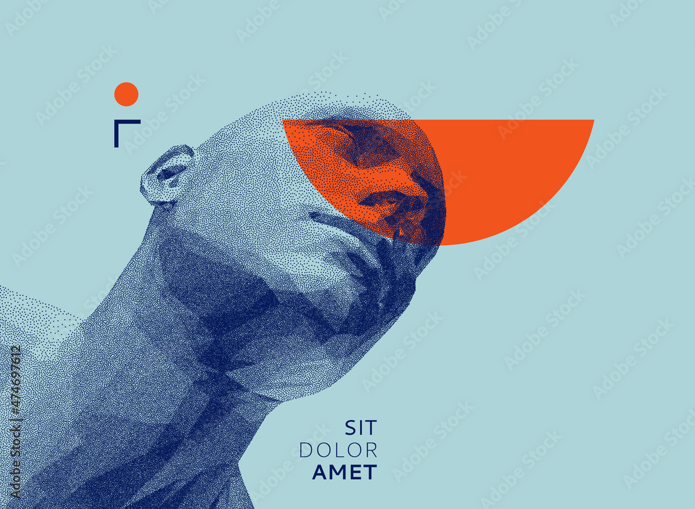 Men looking up. Abstract man head made from dots. Facial recognition ...