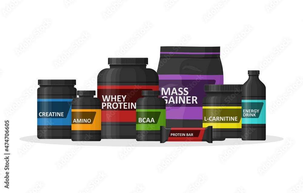 Sports nutrition containers packages, fitness protein power. Set of ...