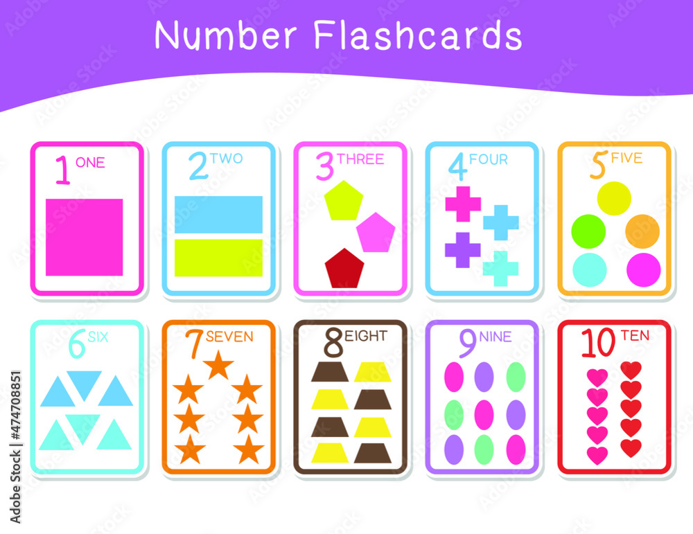 Cute number flashcards with geometric shapes set. English counting 1 to ...