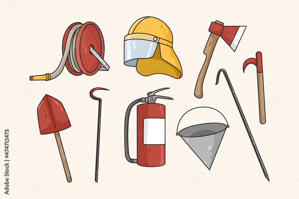 Colorful set of firefighter tools and equipment. Collection of fireman ...