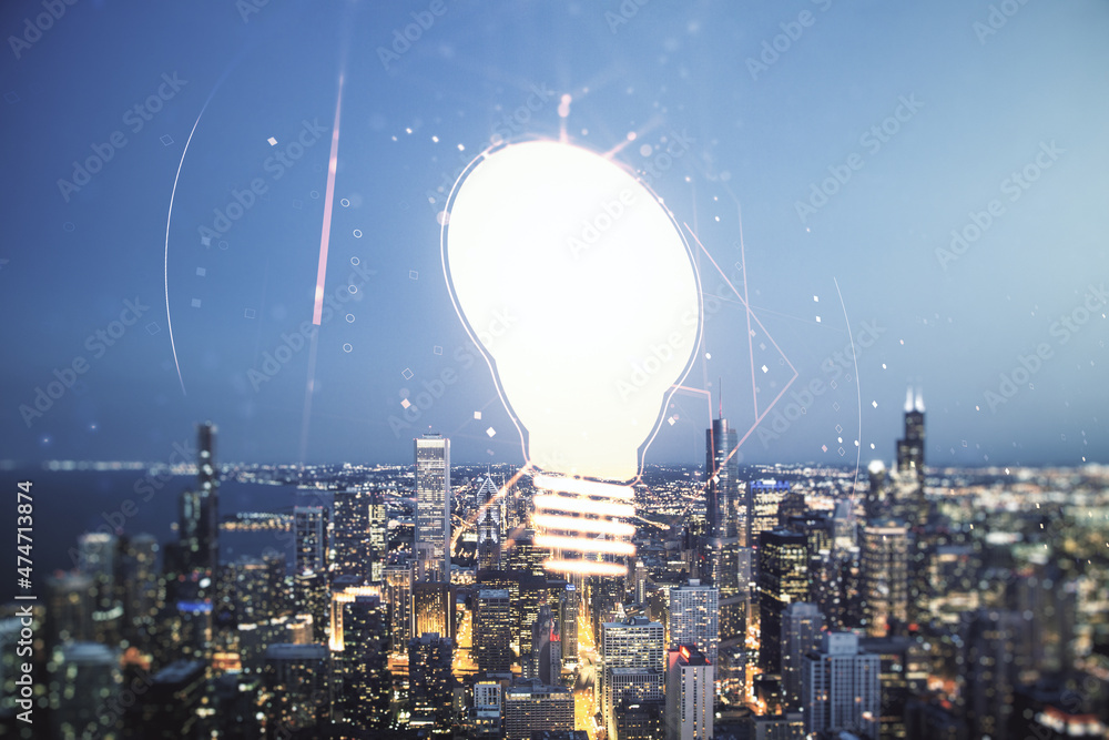 Abstract virtual light bulb hologram on Chicago office buildings ...