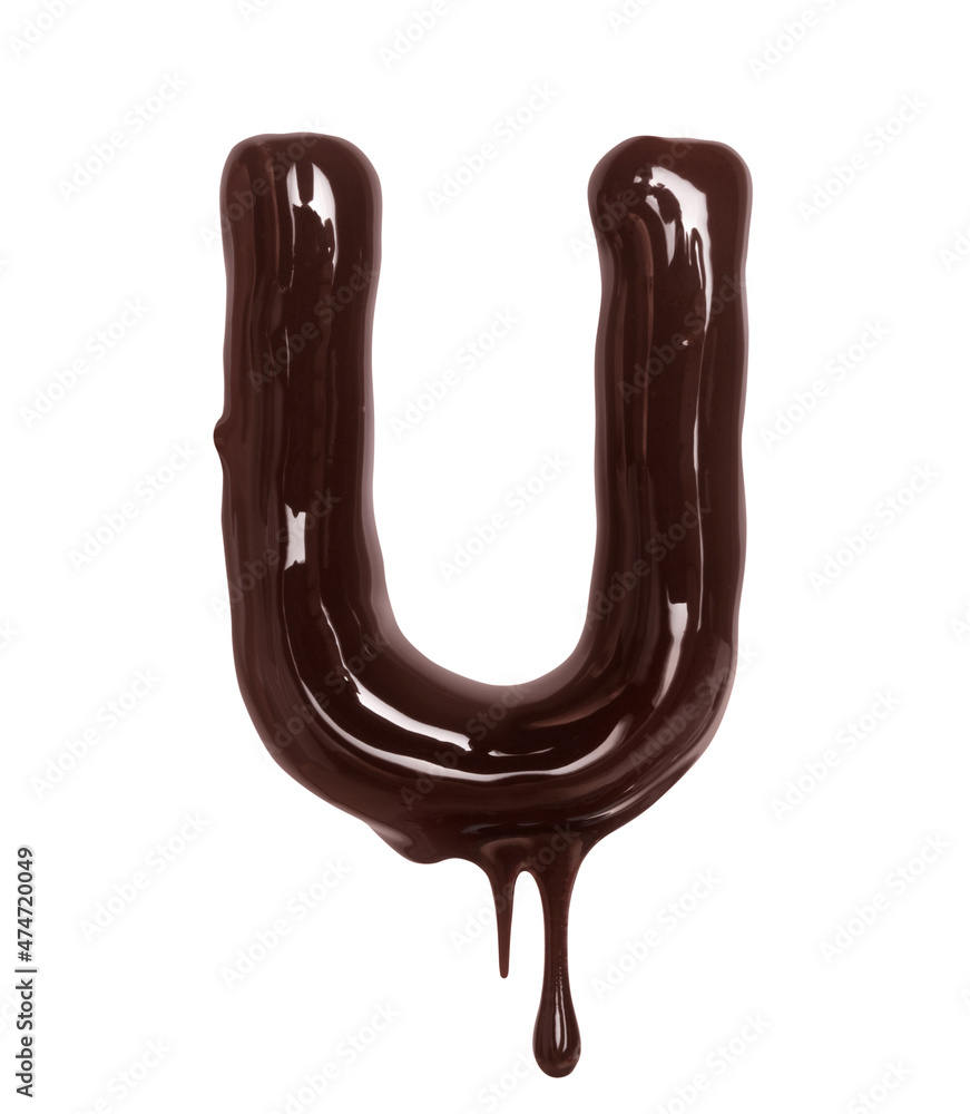 Latin letter U with drop is made of melted chocolate, isolated on white ...