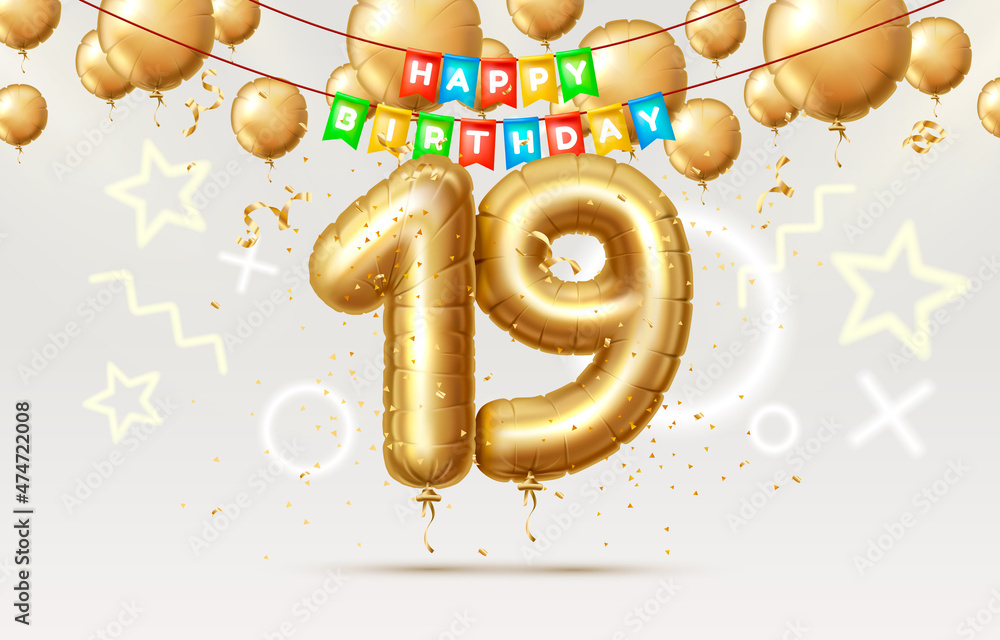 Happy Birthday 19 years anniversary of the person birthday, balloons in ...