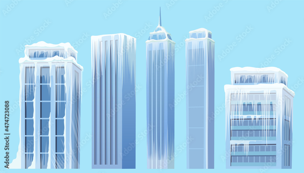 Frozen modern city. Ice age. Town, mountains of snow and buildings. Set ...