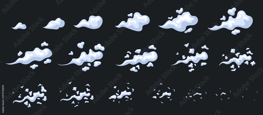 Exhaust animation. Animate smoke cloud, cartoon dust 2d animated effect ...