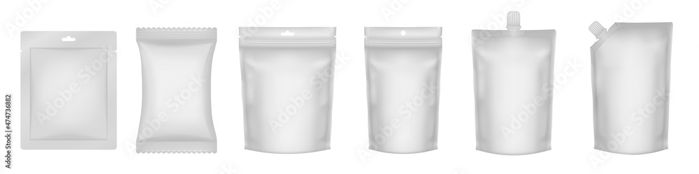 Set of realistic pouch mockups. White flow pack, sugar stick, sachet ...