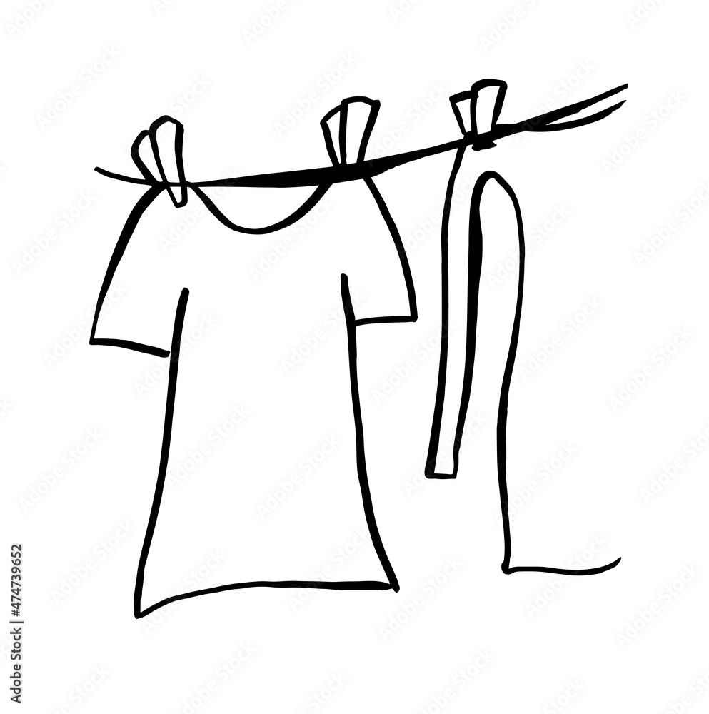 Clothes hanging in the clothesline. Hand drawn ink strokes style vector ...