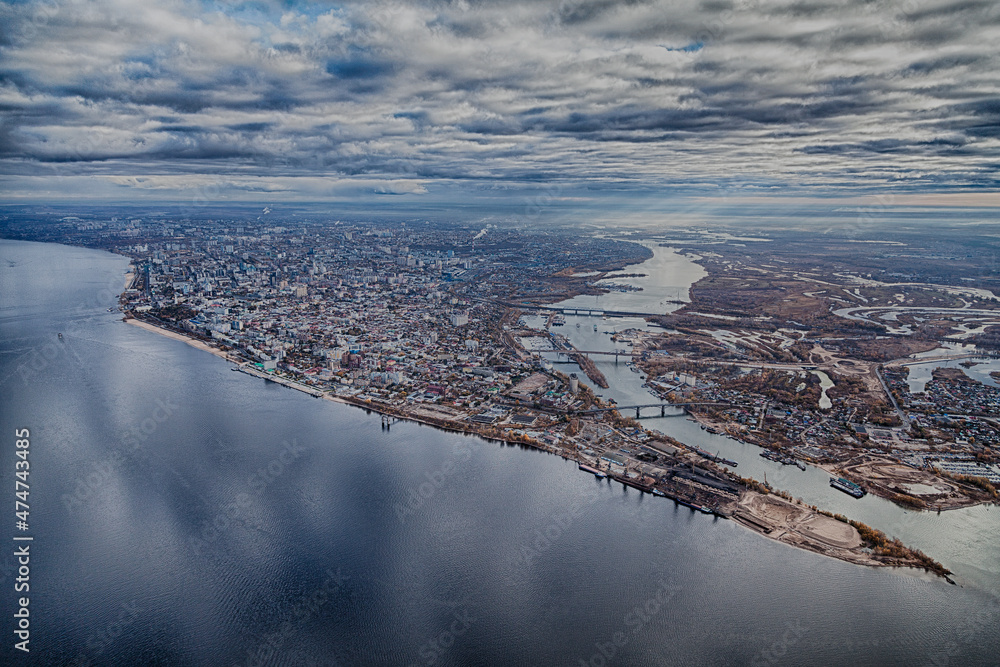 The arrow of the Volga and Samara rivers was taken from the air. The ...