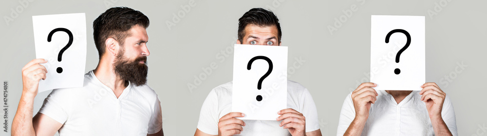 Anonymous man, peeking behind of interrogation symbol. Male incognita ...