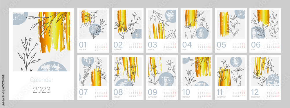 Botanical calendar template for 2023. Vertical gold luxury design with ...