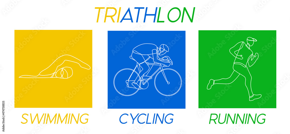 Triathlon. Linear hand drawn athletes. Competition in swimming, cycling ...