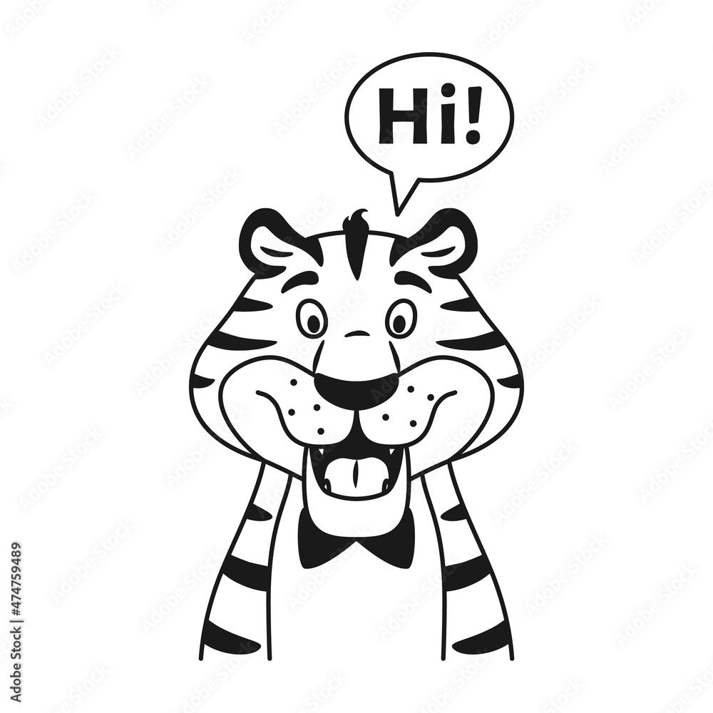 Black and white outline happy tiger say Hi portrait isolated on white ...