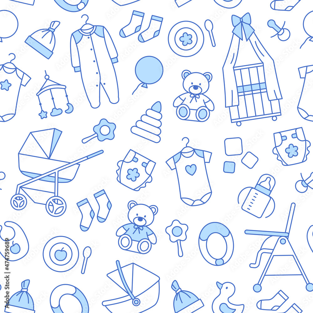 Thin line baby seamless pattern. Outline baby shower decoration ...