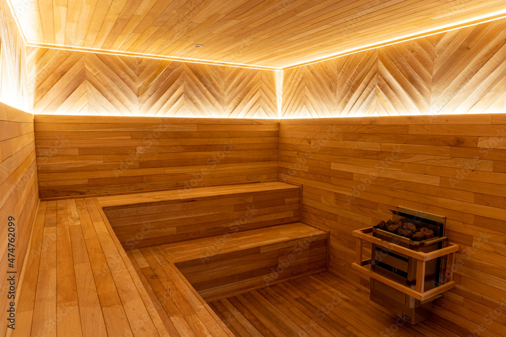 Classic sauna interior in Mexico. Beautiful and clean wooden sauna ...