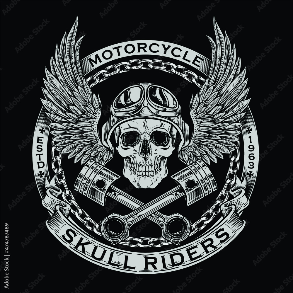 Vintage Skull Riders with Wings and Pistons Emblem design t-shirts ...