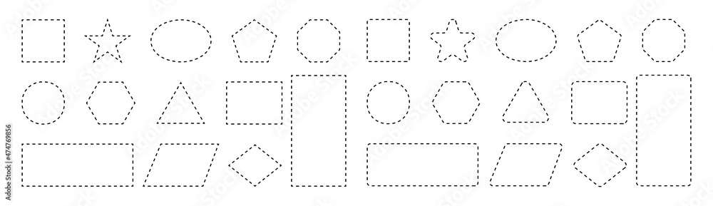 Dash line shapes. Dashed outline of circle, square, star, triangle ...
