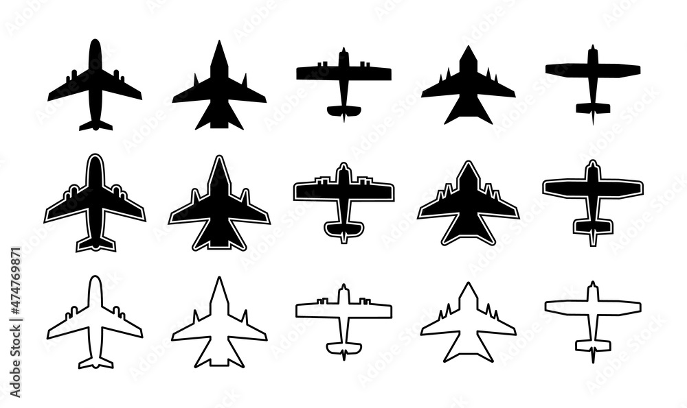 Airplane icon. Plane silhouette. Outline aircraft for travel, transport ...
