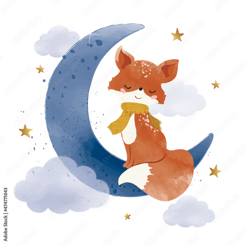 Cute fox on the moon with shiny stars, watercolor vector illustration ...